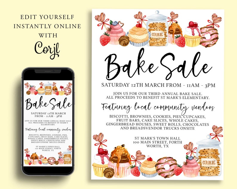 Editable BAKE SALE Flyer Template, DIY Market Sale, Community Fair ...