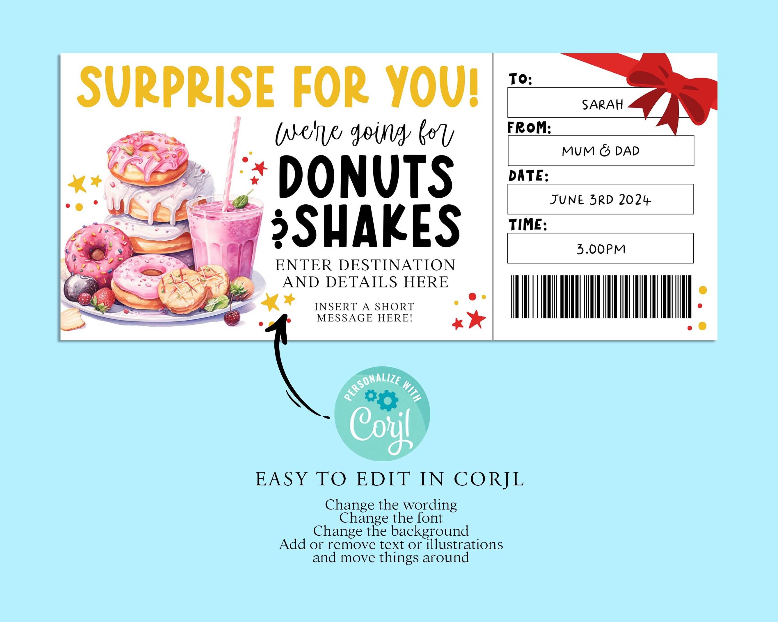Surprise DONUTS & SHAKES Editable Gift Ticket Template, Happy Birthday ...