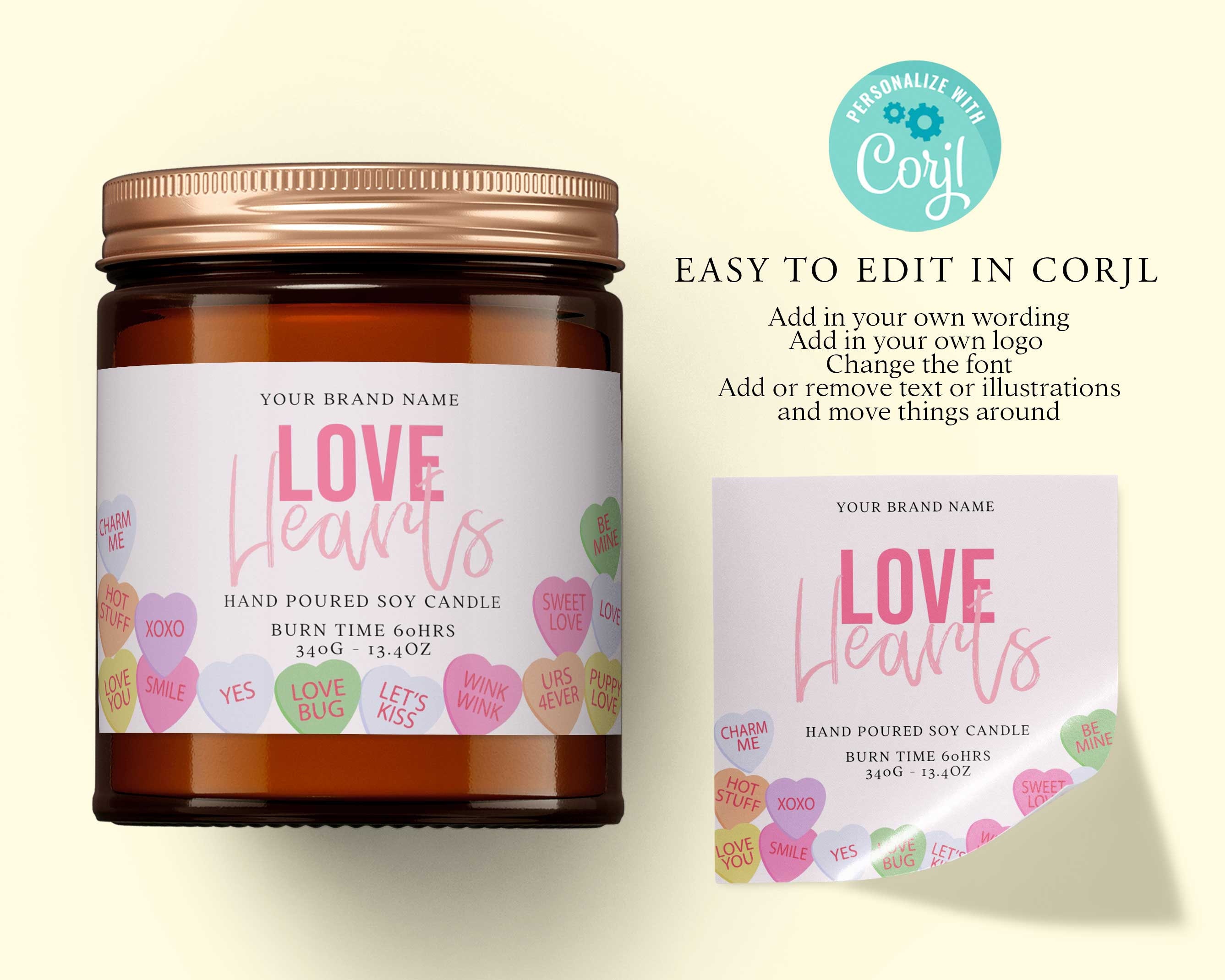 LOVE Editable Candle Label, WEDDING Candle Label Design, Candy Heart ...