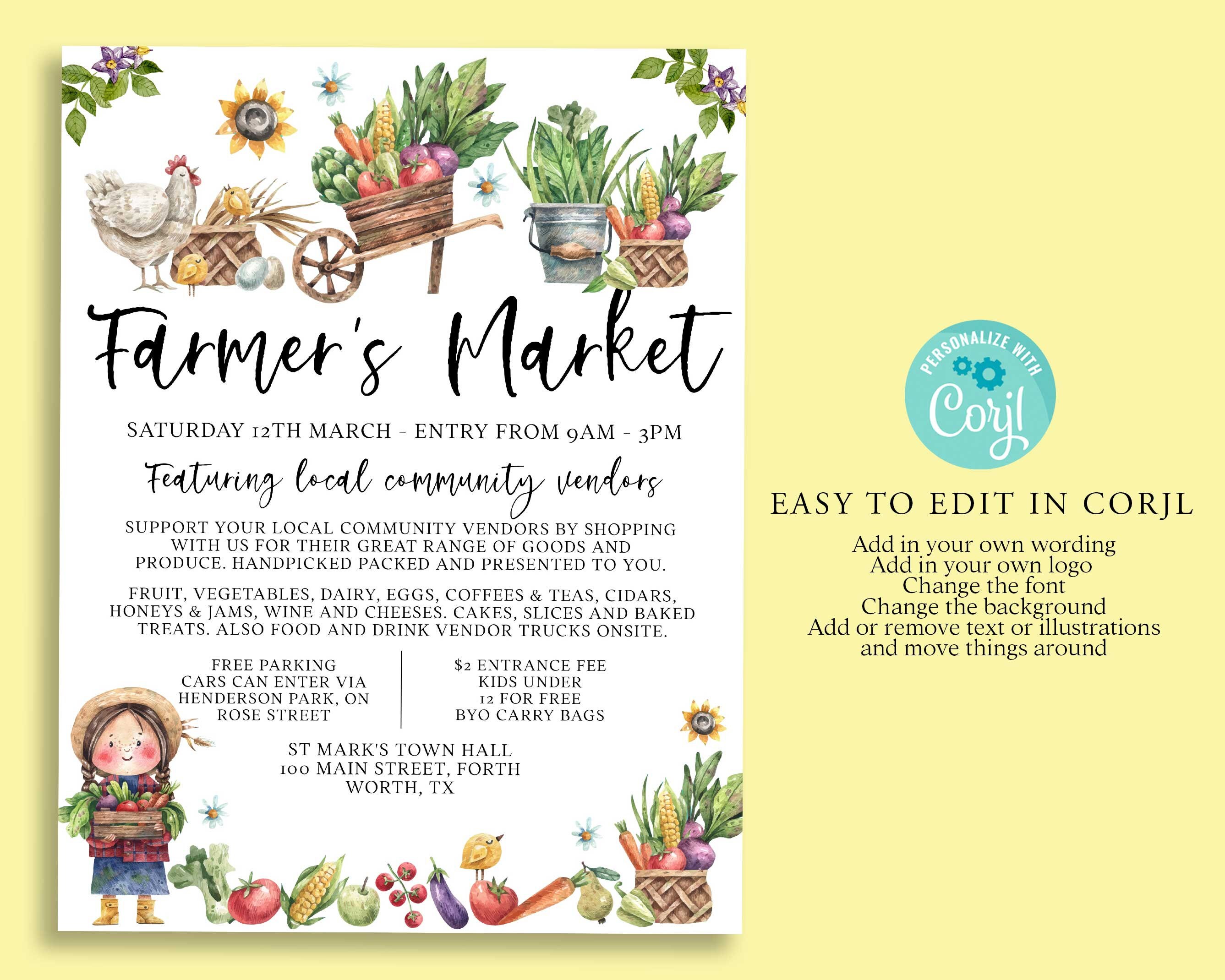 FARMERS MARKET Editable Flyer, DIY Market Fundraiser, Fruit Vegetables ...