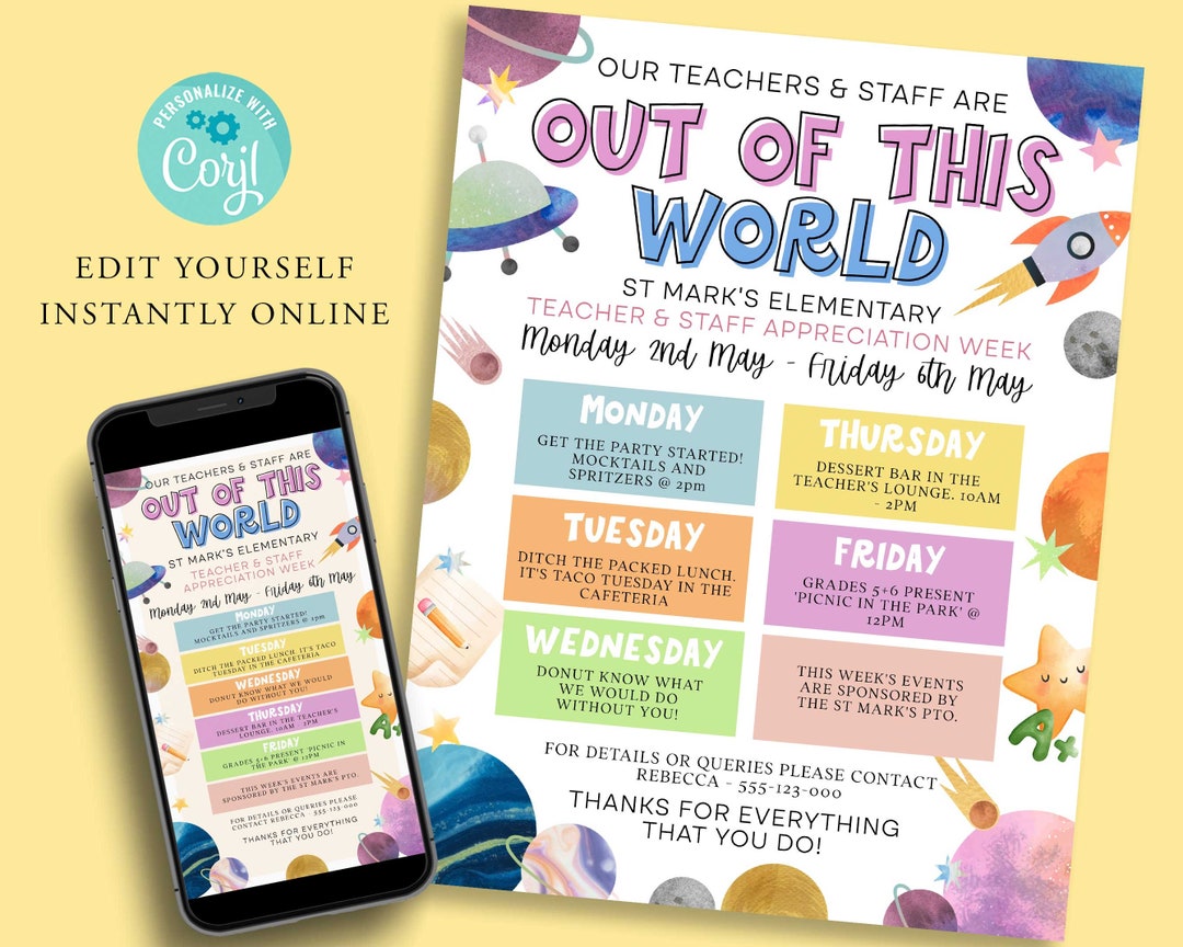 Space TEACHER APPRECIATION Editable Flyer Template, Staff Invite ...