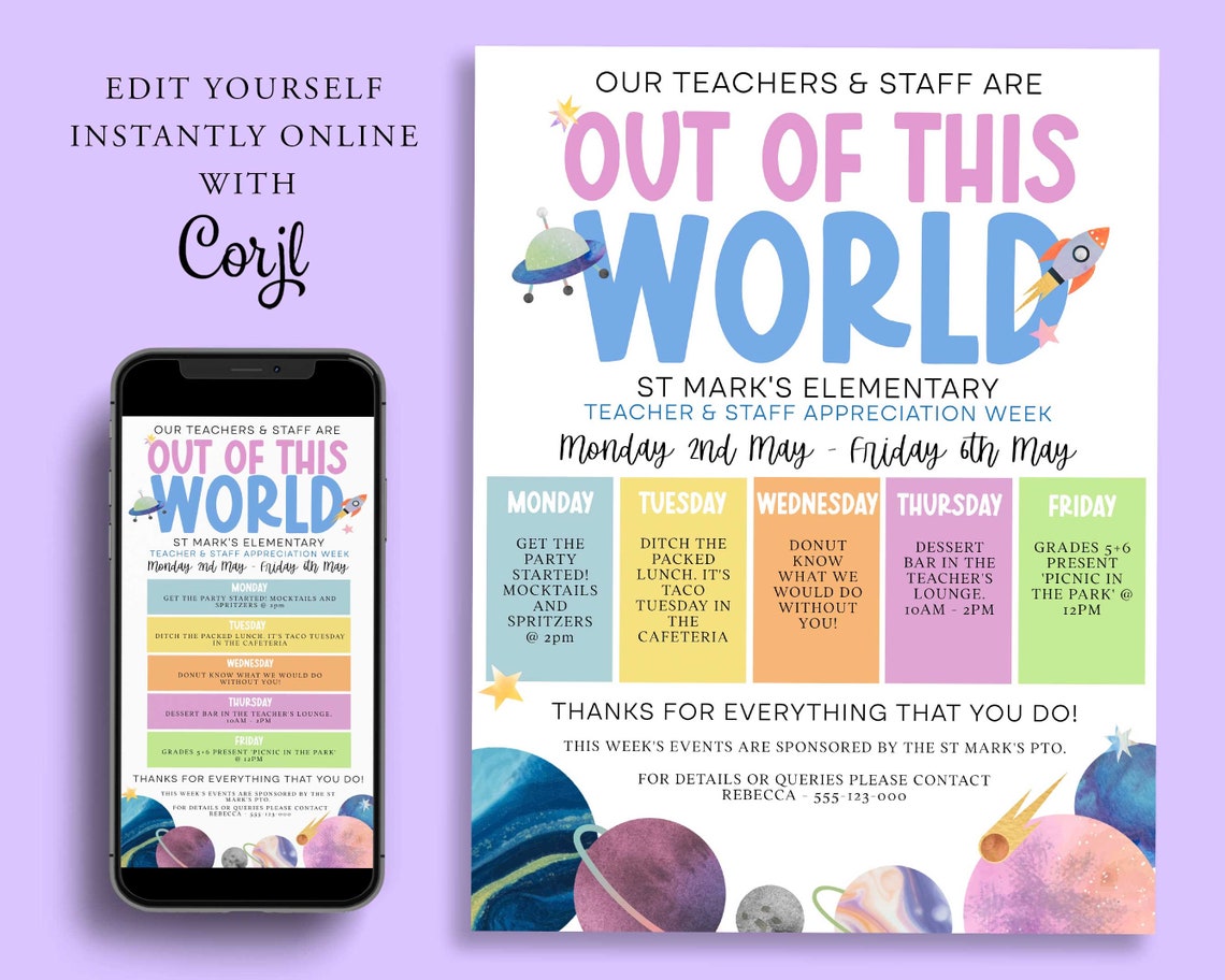 Space TEACHER APPRECIATION Editable Flyer Template, Staff Invite ...