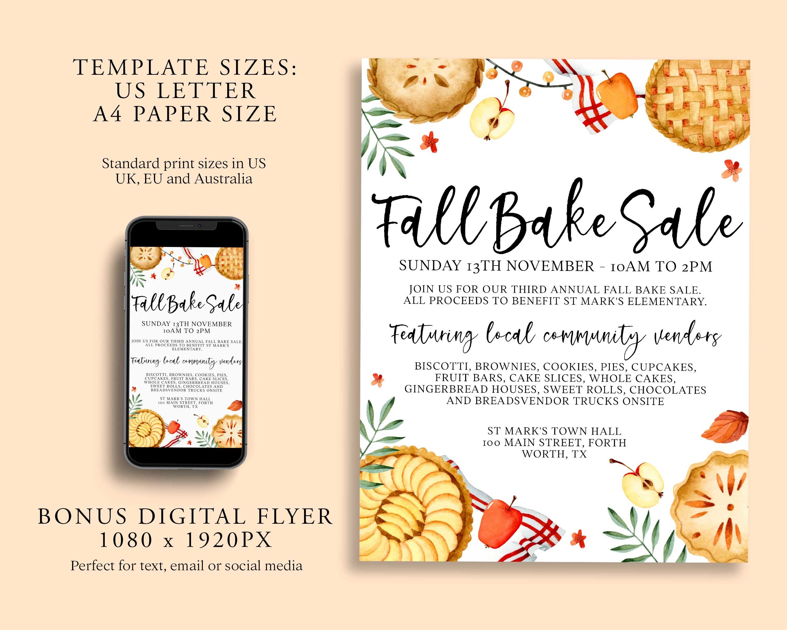 Editable FALL Bake Sale Flyer Template, DIY, Event Poster, Harvest ...