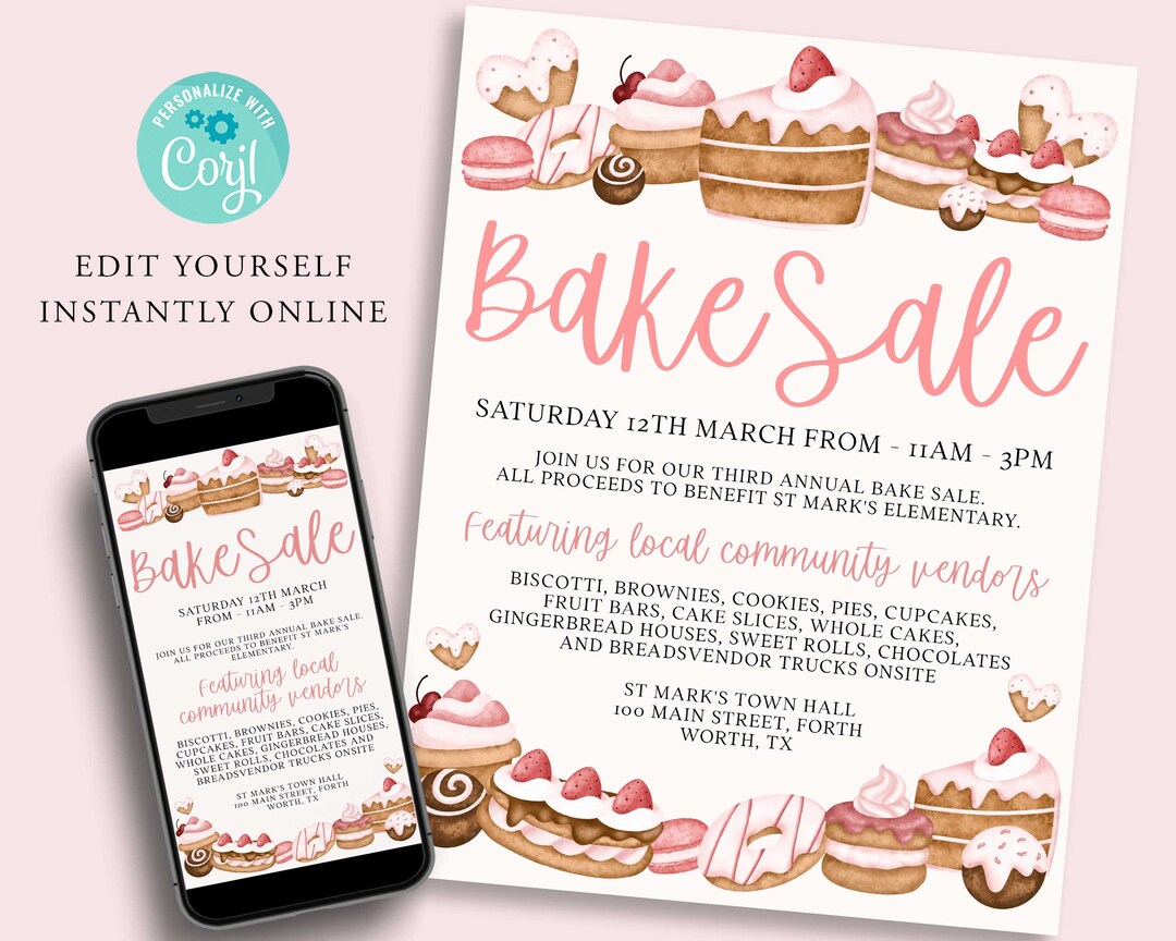 Editable BAKE SALE Flyer Template, DIY Market Sale, Community Fair ...