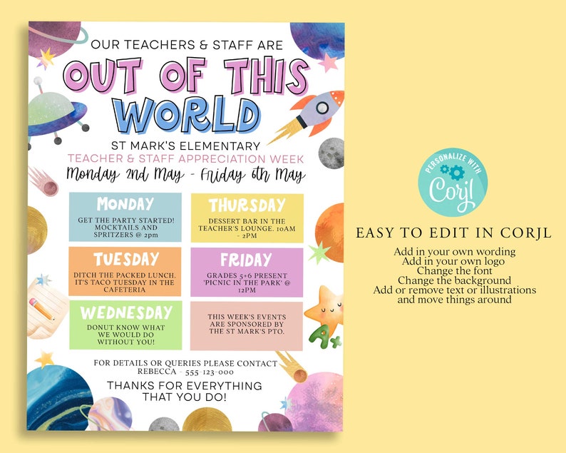 Space TEACHER APPRECIATION Editable Flyer Template, Staff Invite ...