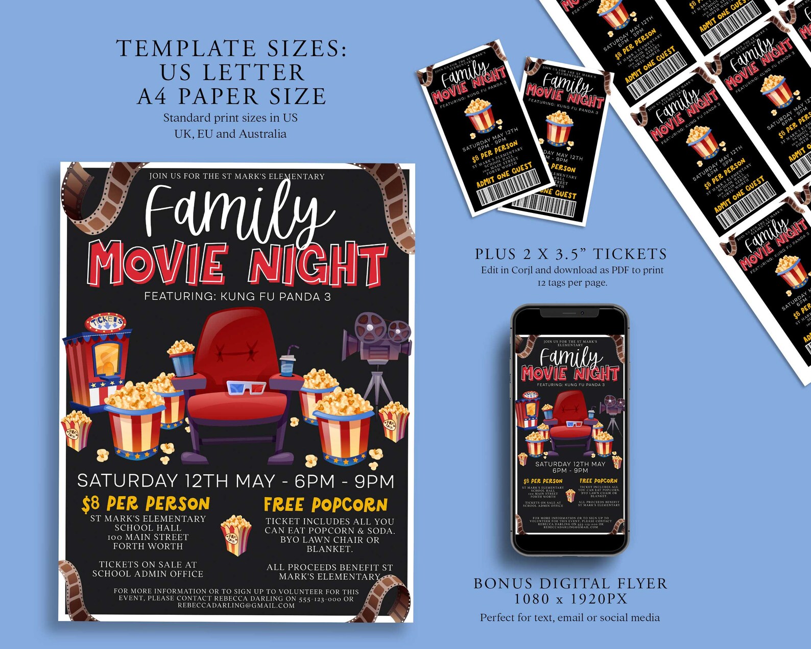 MOVIE NIGHT Fundraiser Editable Flyer Template, School Movie Night, PTO ...
