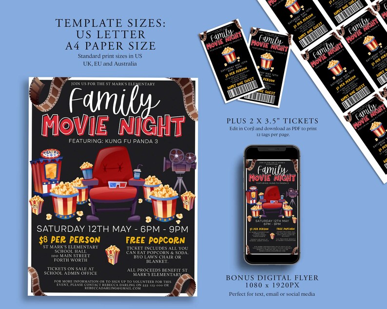 MOVIE NIGHT Fundraiser Editable Flyer Template, School Movie Night, PTO ...