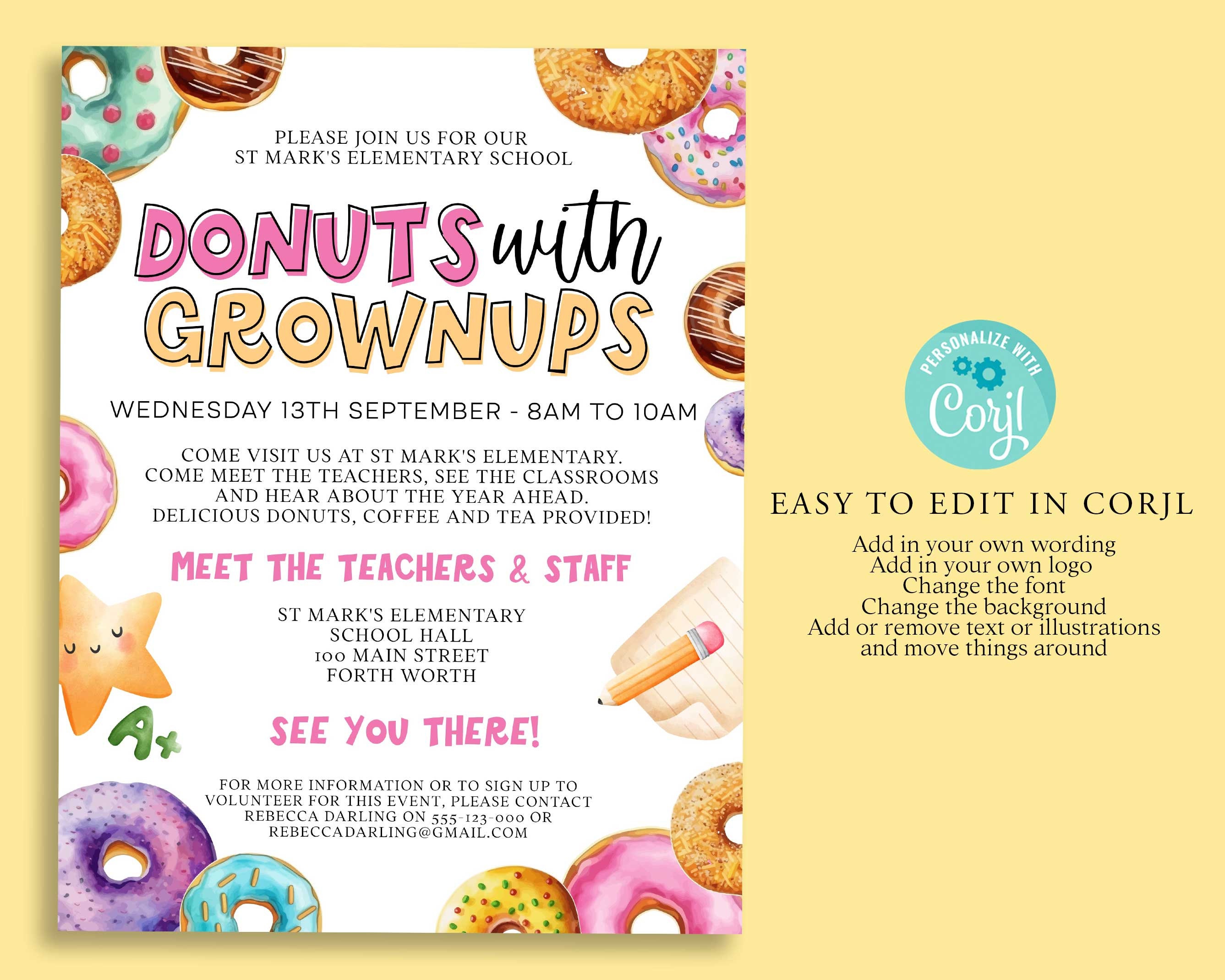 DONUTS With Grownups, Flyer, Printable PTA Flyer, School Breakfast ...