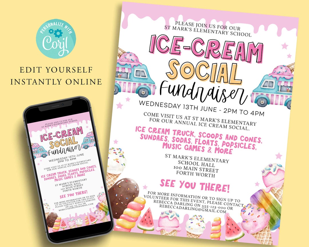 ICECREAM Social Fundraiser Editable Template, Flyer, Printable PTA ...