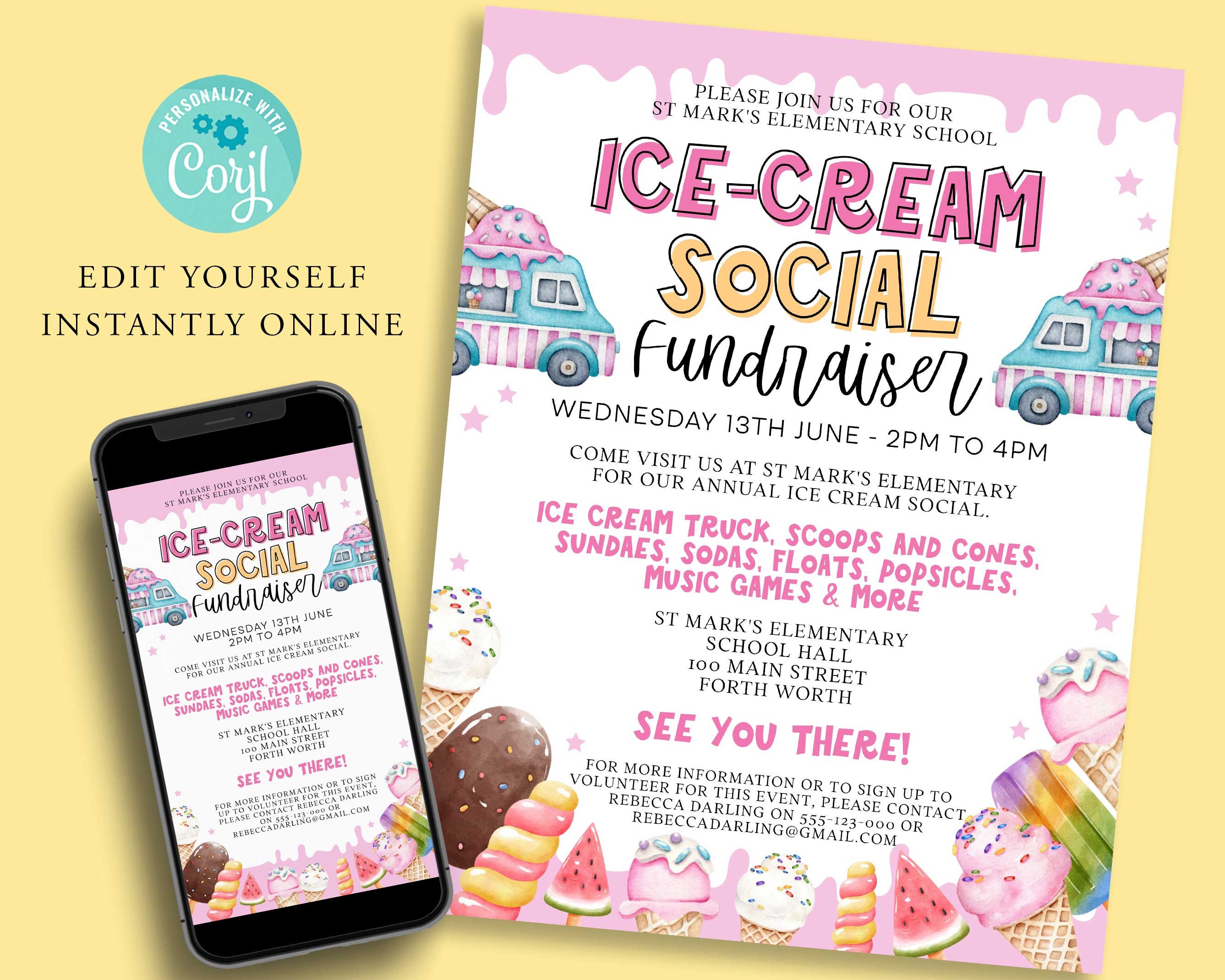 ICECREAM Social Fundraiser Editable Template, Flyer, Printable PTA ...