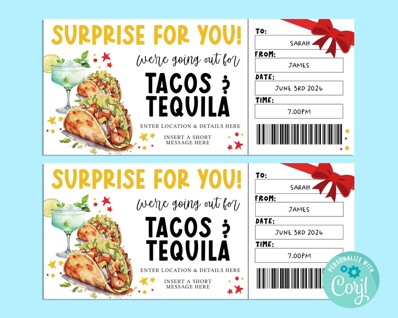 Surprise TACOS & TEQUILA Editable Gift Ticket Template, Birthday Gift ...