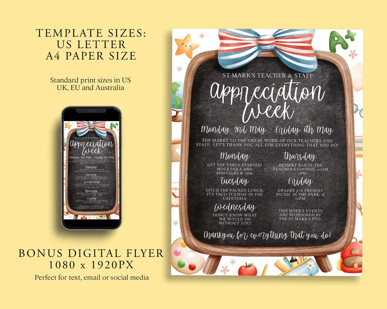 TEACHER APPRECIATION Editable Flyer Template, Staff Invite, Family ...
