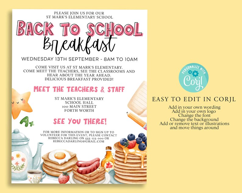 BACK to School Breakfast Flyer, Printable PTA Flyer, School Breakfast ...