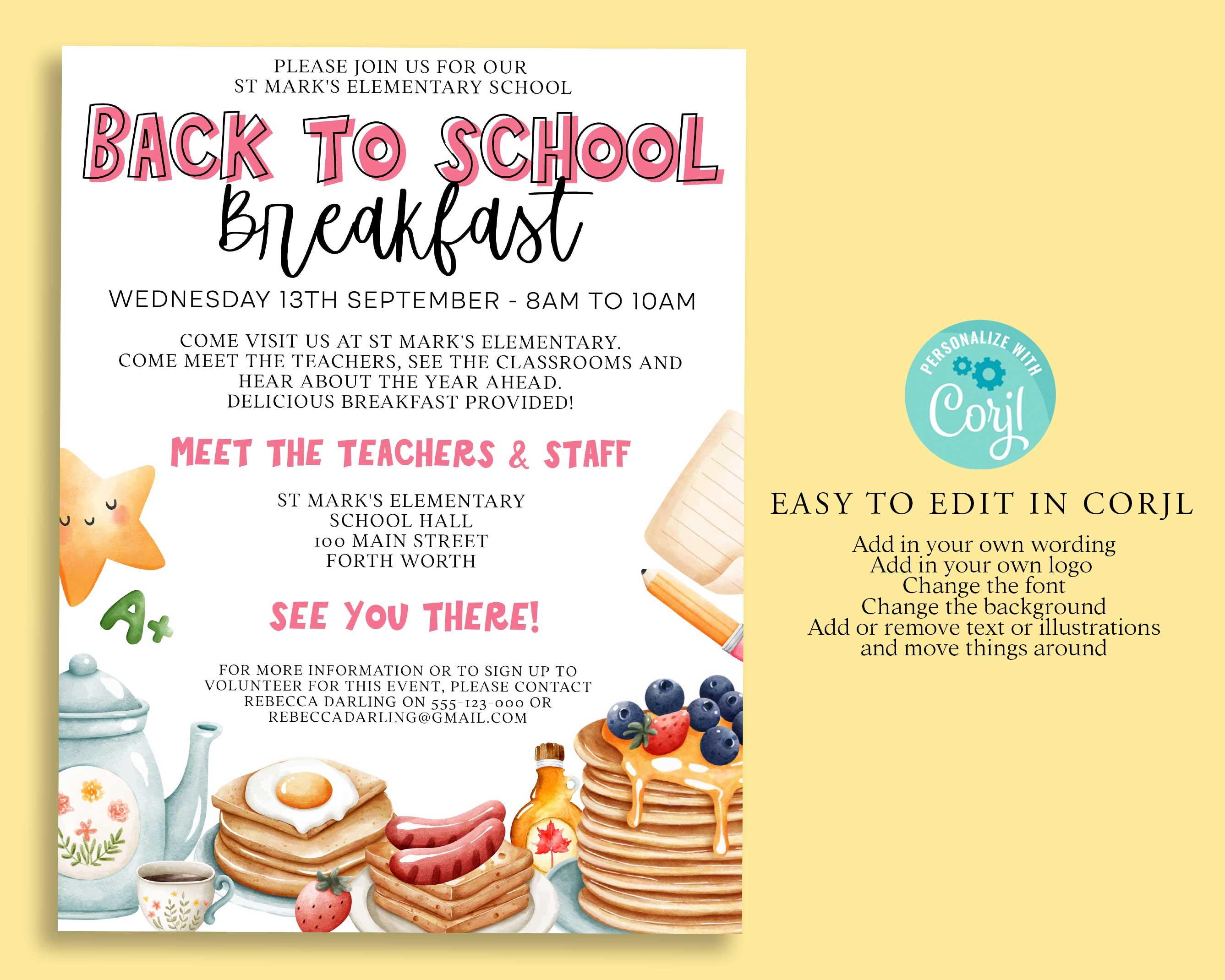 BACK to School Breakfast Flyer, Printable PTA Flyer, School Breakfast ...