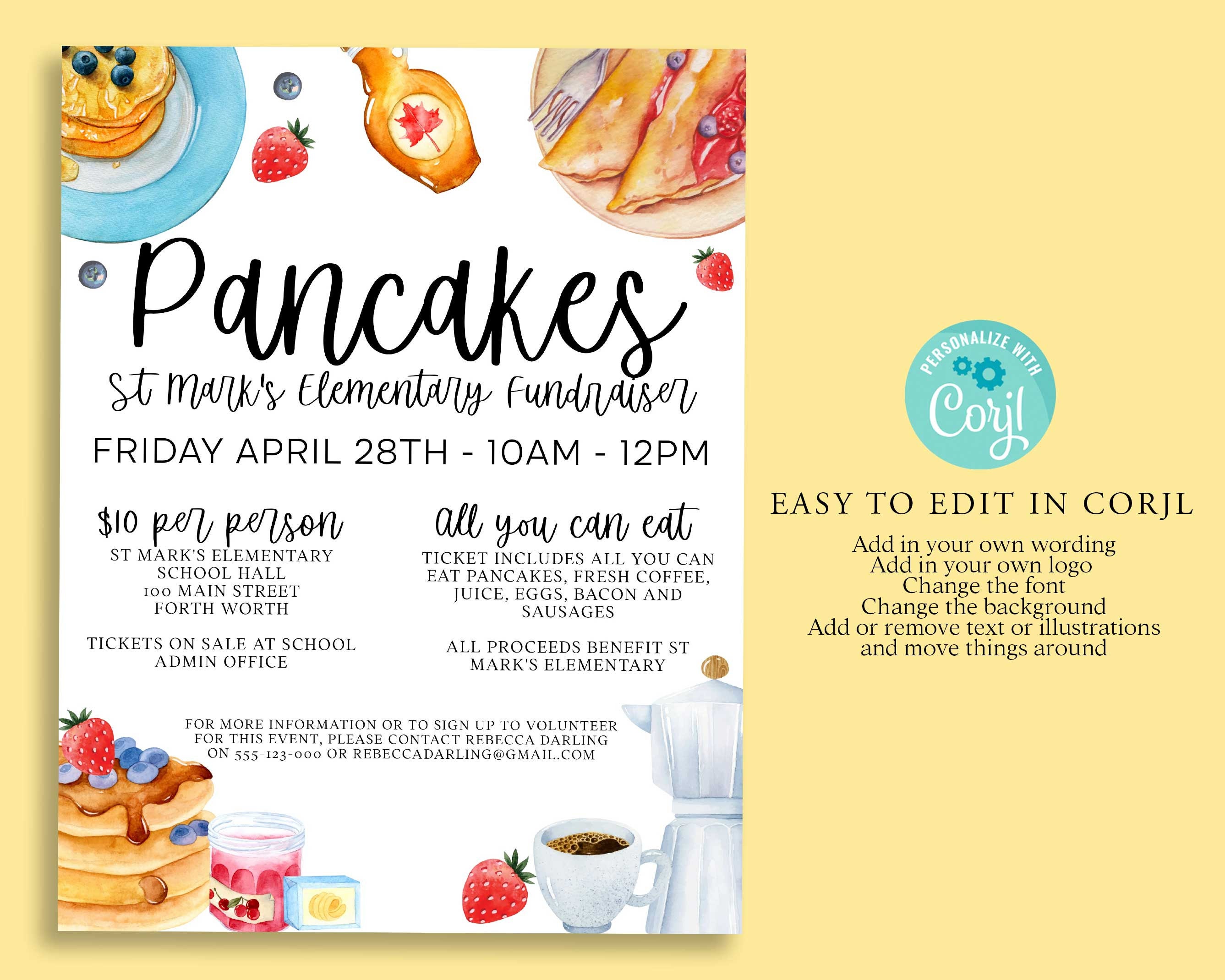 Editable PANCAKE Fundraiser Flyer Template, Teacher Appreciation ...