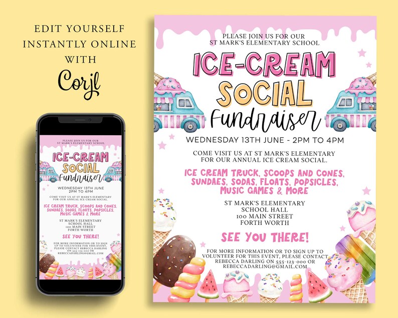 ICECREAM Social Fundraiser Editable Template, Flyer, Printable PTA ...