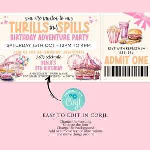 THEME PARK Party Flyer Editable Template, DIY Kids Party Invites, Party ...