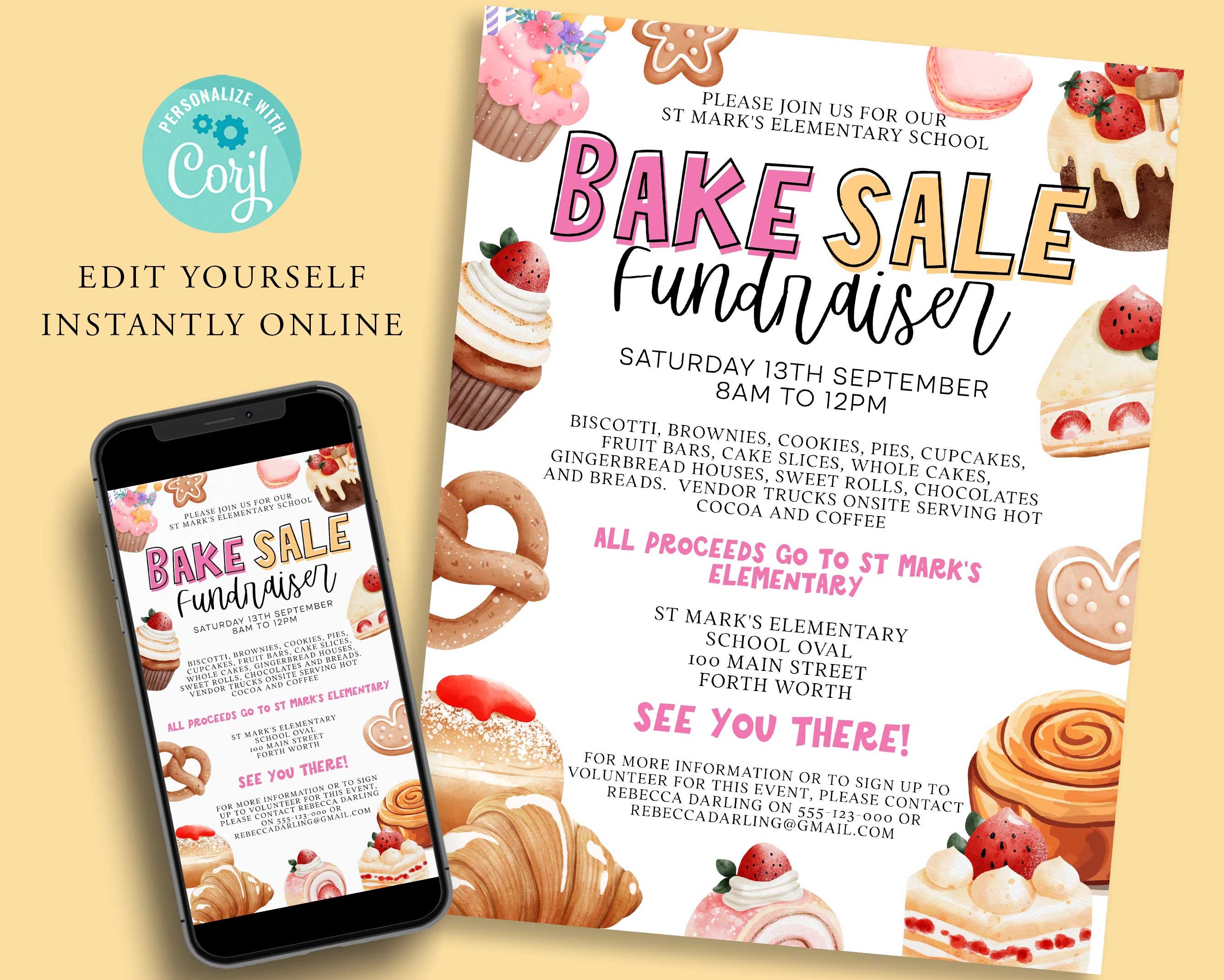 BAKE SALE Social Fundraiser Editable Template, Flyer, Printable PTA ...