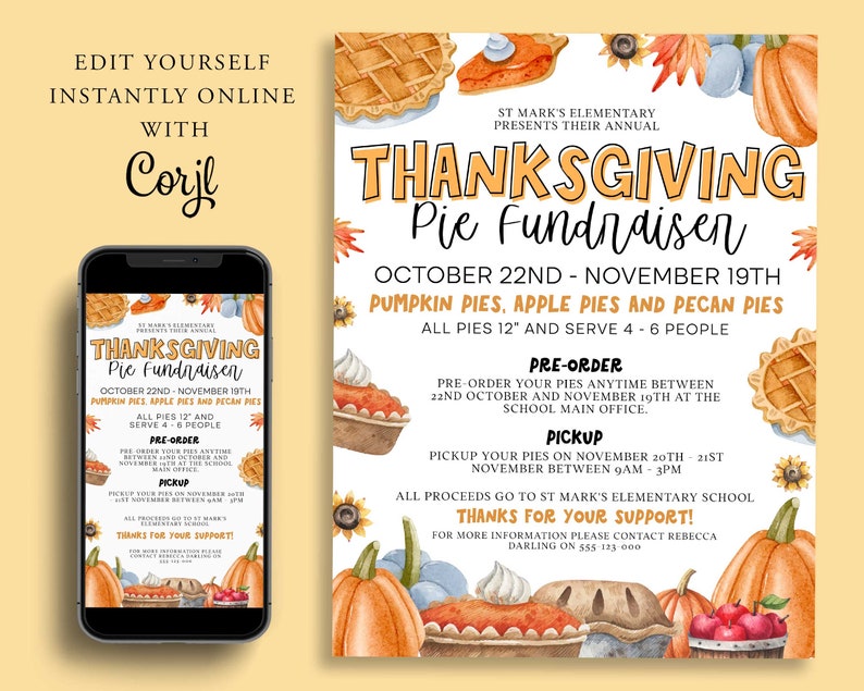 THANKSGIVING Pie, Printable PTA Flyer, School Breakfast Appreciation ...