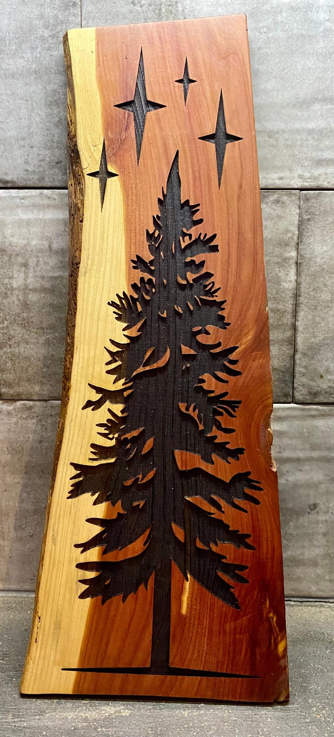 Wall Decor, Pine Tree and Stars. Deep Laser Engraving. Live Edge Cedar ...