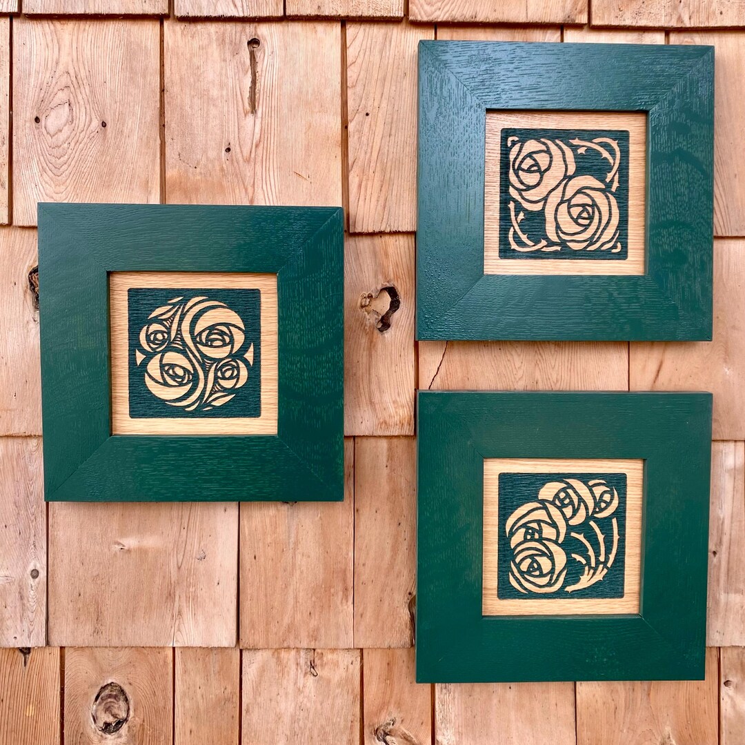 Set Of, 3 Art Deco Hunter Green Frames/engravings. Glasgow Rose ...