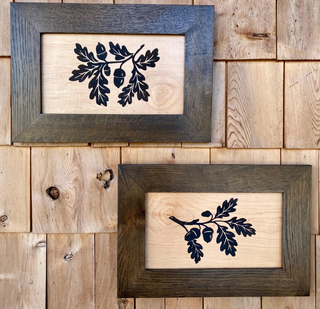 Acorns and Oak Leaves Engraved Wall Art, Set of 2. Cabin, Lodge ...