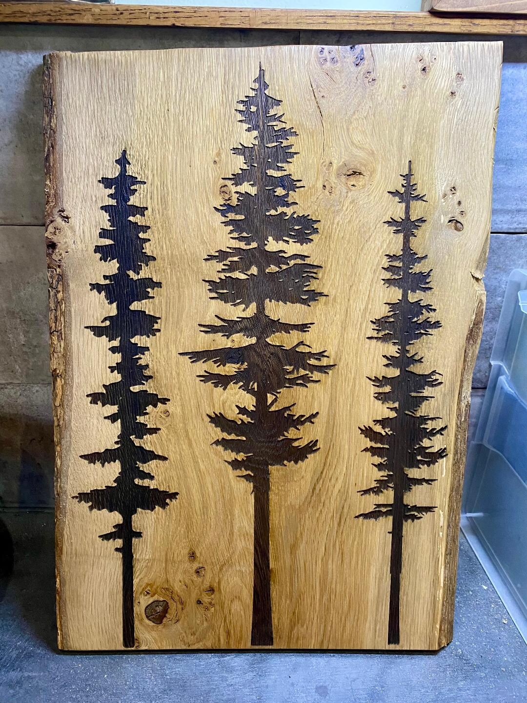 Live Edge Oak, Laser Engraved Evergreen Trees. Rustic Decor, Cabin ...