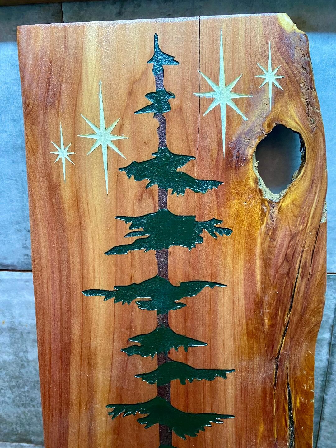 Rustic Wall Decor, Evergreen Tree Lasered on a Live Edge Cedar Slab ...