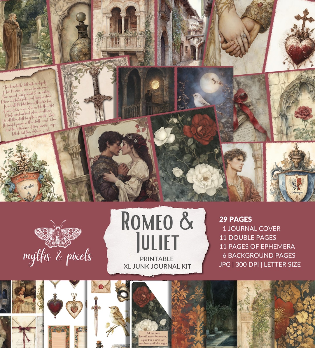 Romeo & Juliet Digital Junk Journal Bundle - 29 Printable Pages ...