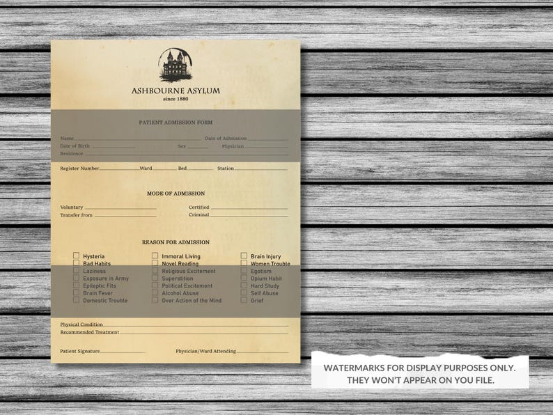 Ashbourne Asylum, Patient Admission Form Printable, Lunatic Asylum ...