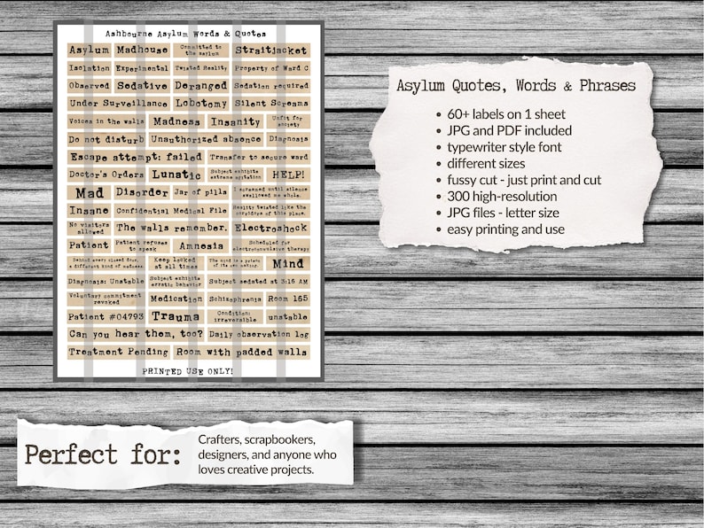 Ashbourne Asylum – Word Strips, Printable Quotes Phrases, Grunge ...
