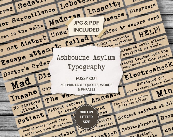 Asylum Typography 3 Printable Files, 65 Mental Hospital Related Words ...