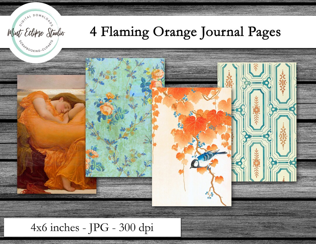 6x4 Flaming Orange Vibrant Junk Journal Pages Romantic Vintage Ornament ...
