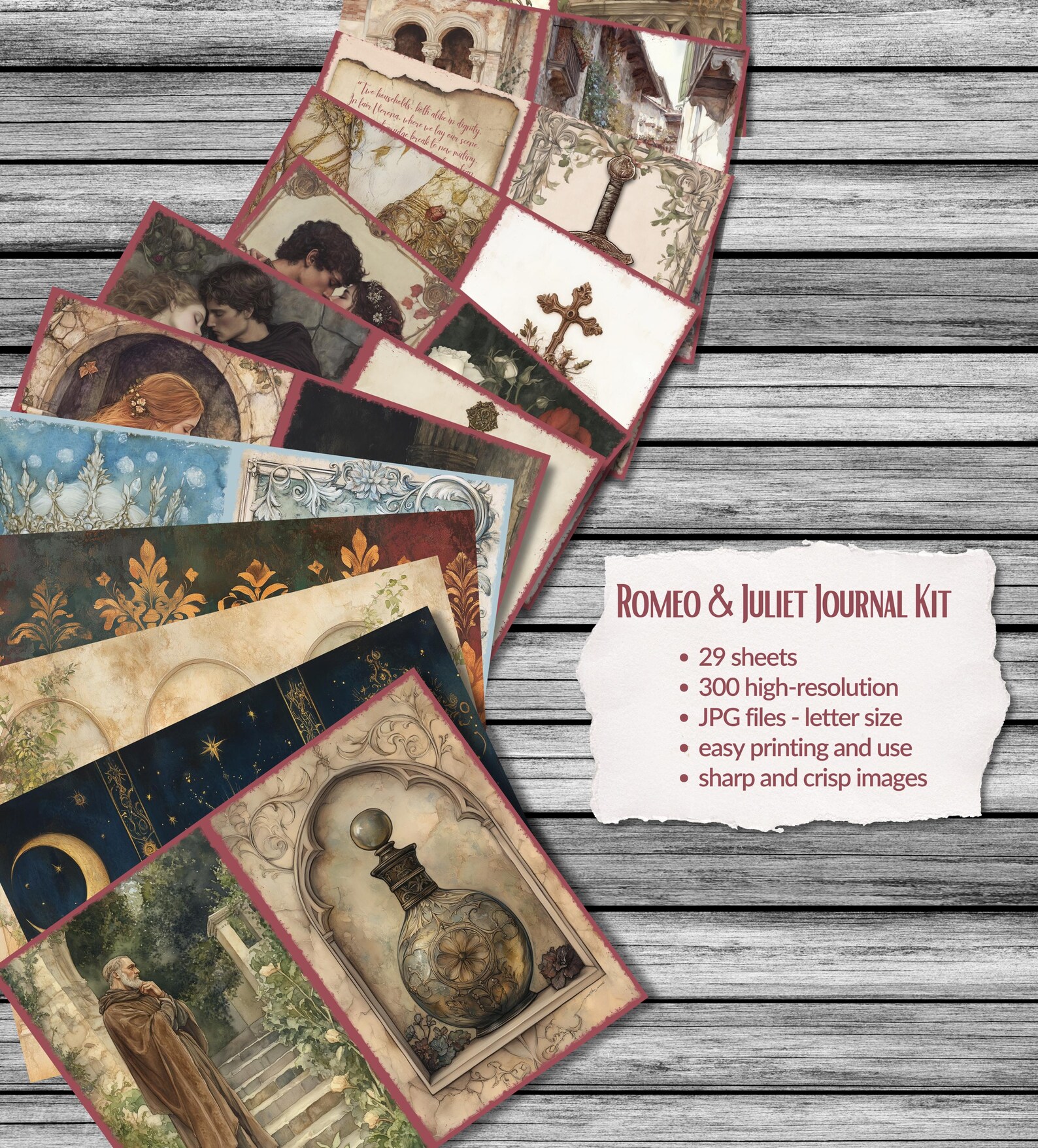Romeo & Juliet Digital Junk Journal Bundle - 29 Printable Pages ...