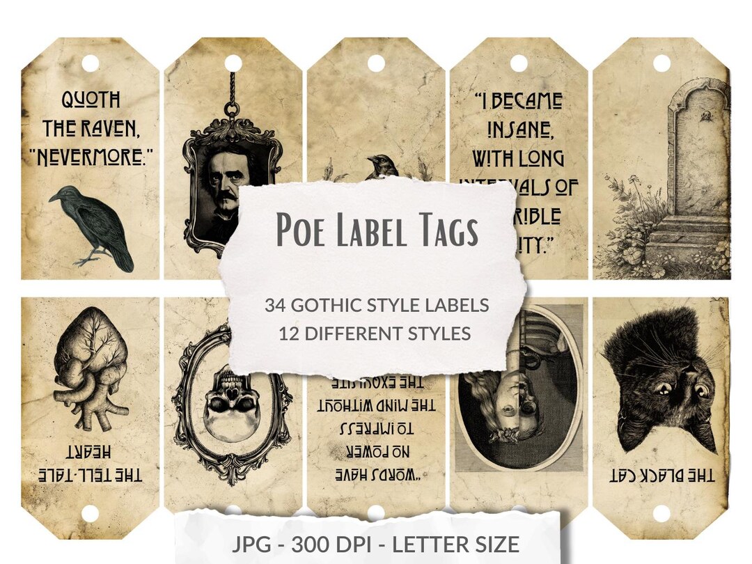 Edgar Allan Poe Tag Set, Gothic Toe Tag Label, Gift Tag, Raven, Black ...
