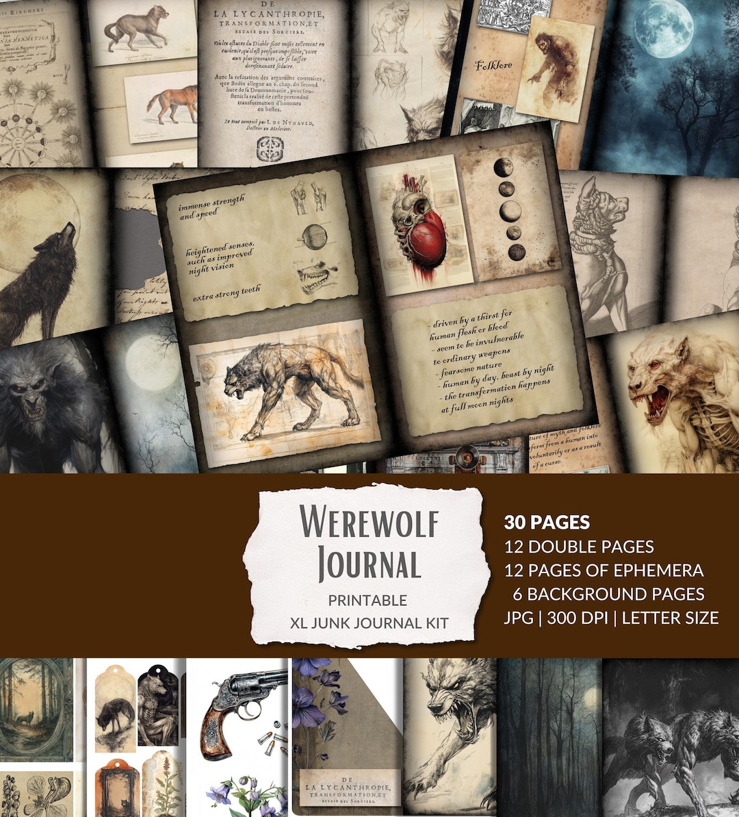 Werewolf Junk Journal Kit, Medieval Beast Printable Halloween Folklore ...