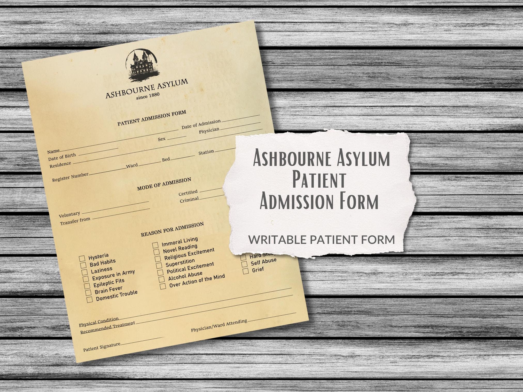 Ashbourne Asylum, Patient Admission Form Printable, Lunatic Asylum ...