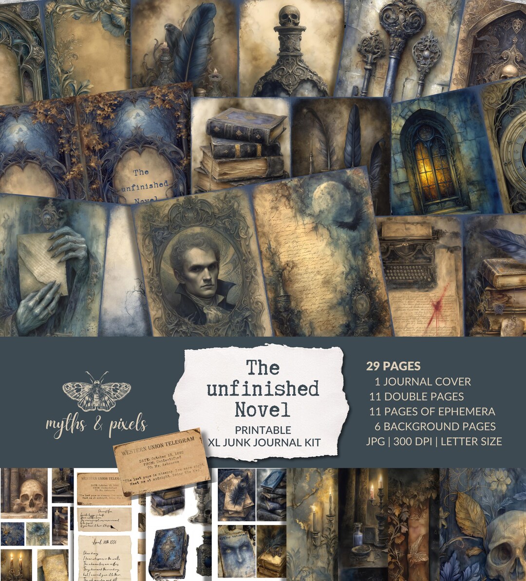 Unfinished Novel - Printable Junk Journal Kit, Haunted Library, Vintage ...
