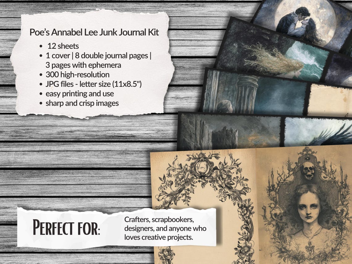 Annabel Lee Junk Journal Kit, Edgar Allan Poe Printable Pages, Dark ...