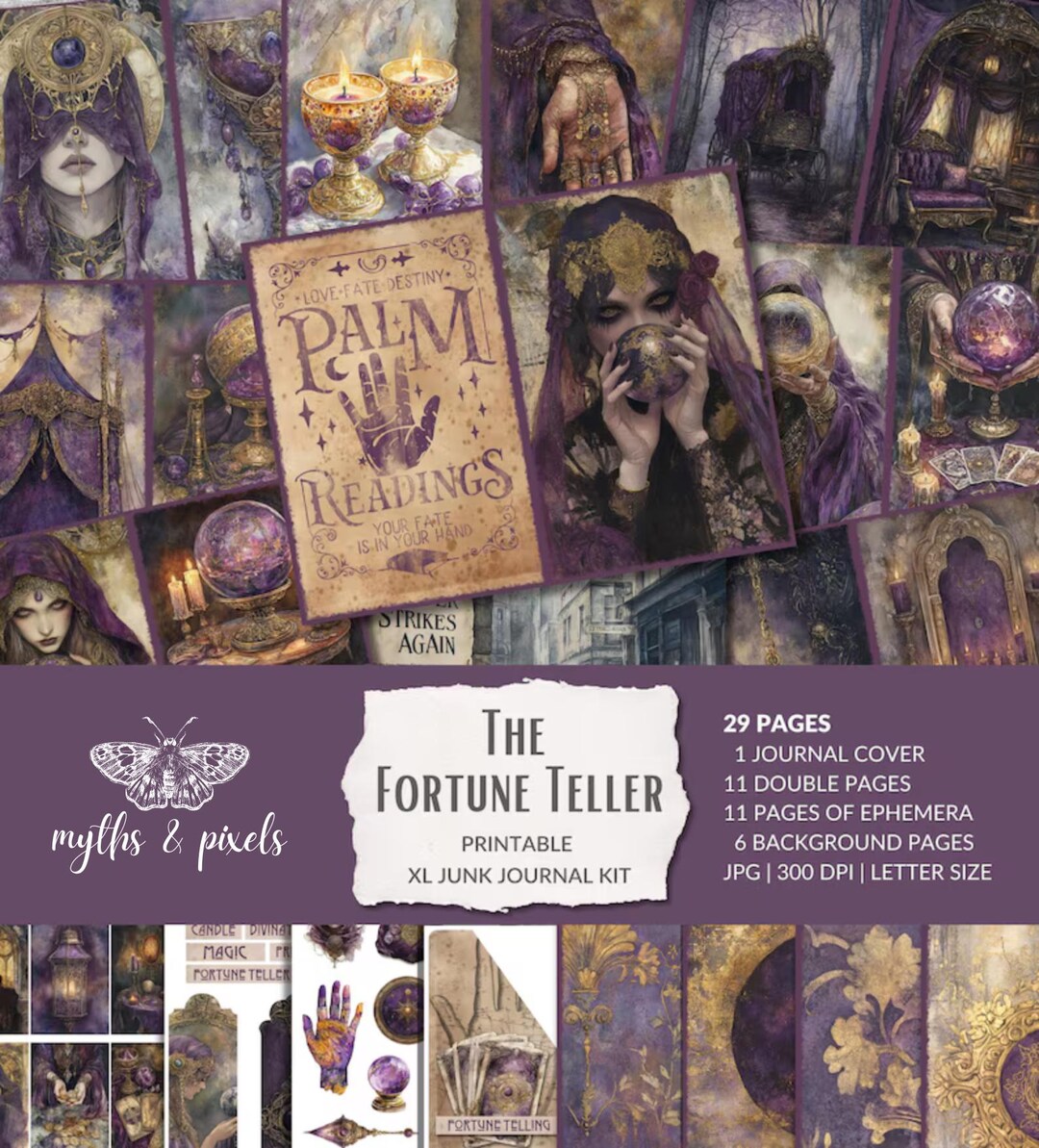 Fortune Teller Junk Journal Kit, Palm Reading, Printable Tarot Cards ...