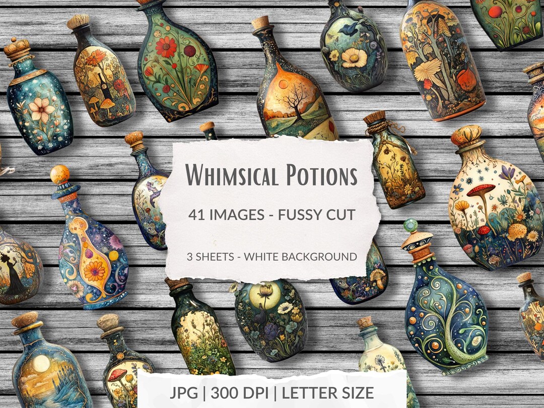 Whimsical Potion Bottles, Fussy Cut, Magic Potions, Collage Sheet, JPG ...