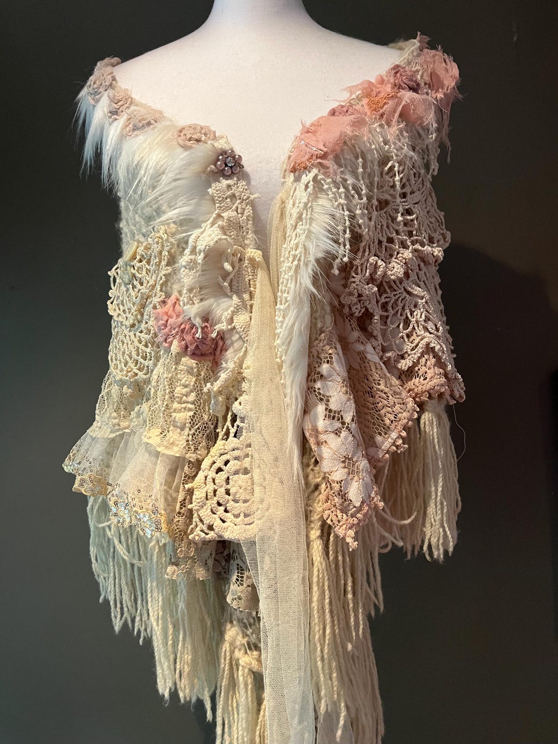 Bohemian Shabby Chic Beige Shrug Shawl Chunky Weathered Embellished ...