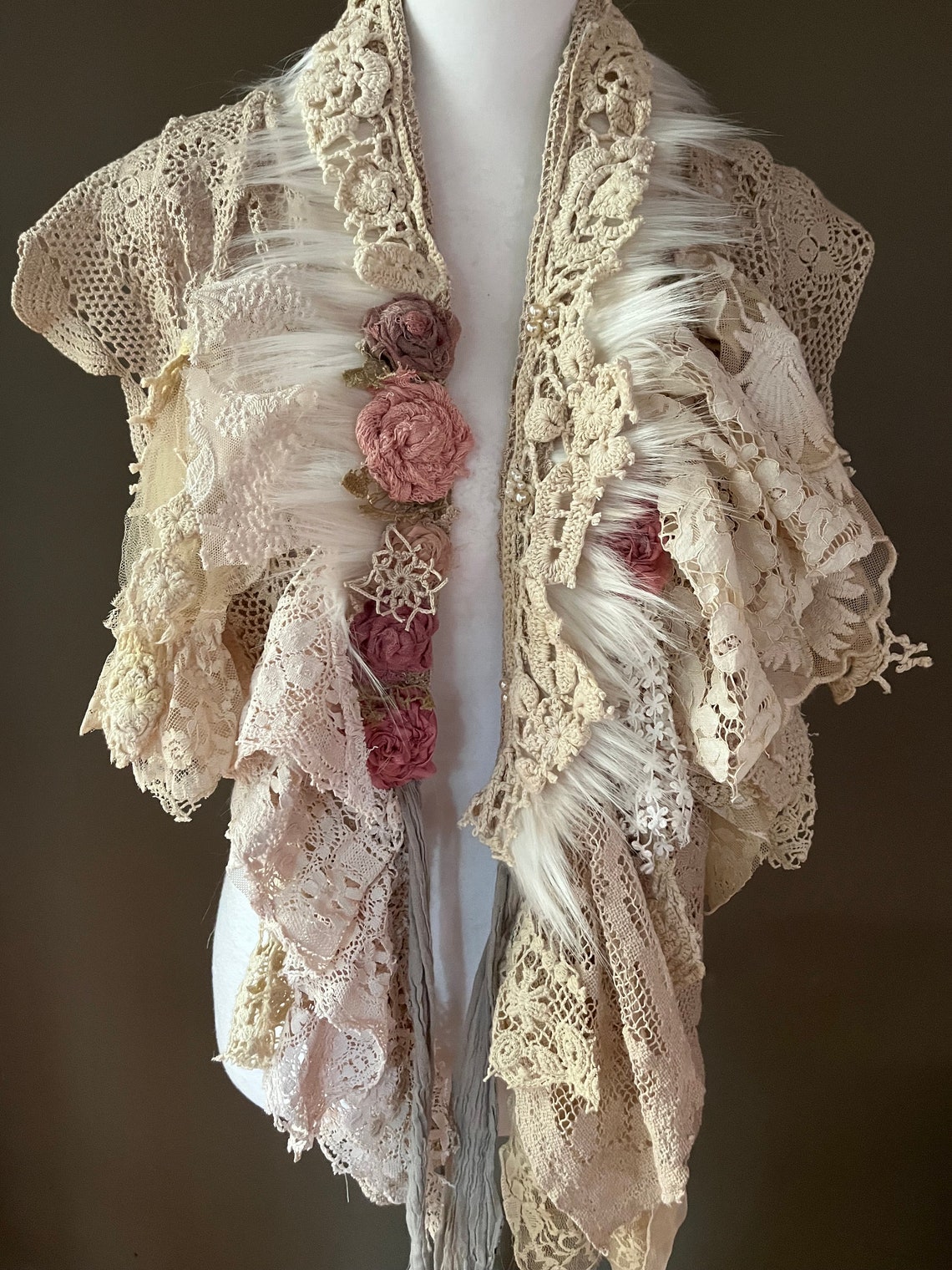 Bohemian Shabby Chic Tea Stained Shrug Shawl Artsy Embellished ...