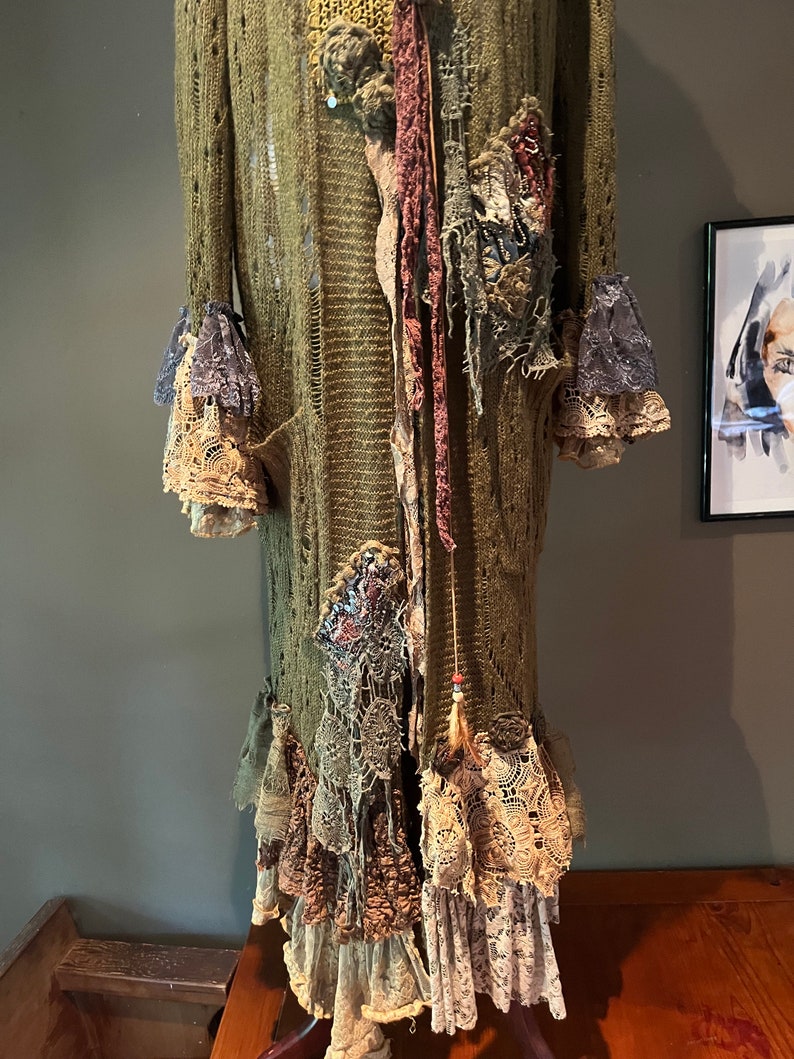 Bohemian Forest Olive Shabby Chic Artsy Duster Coat Embellished With a ...