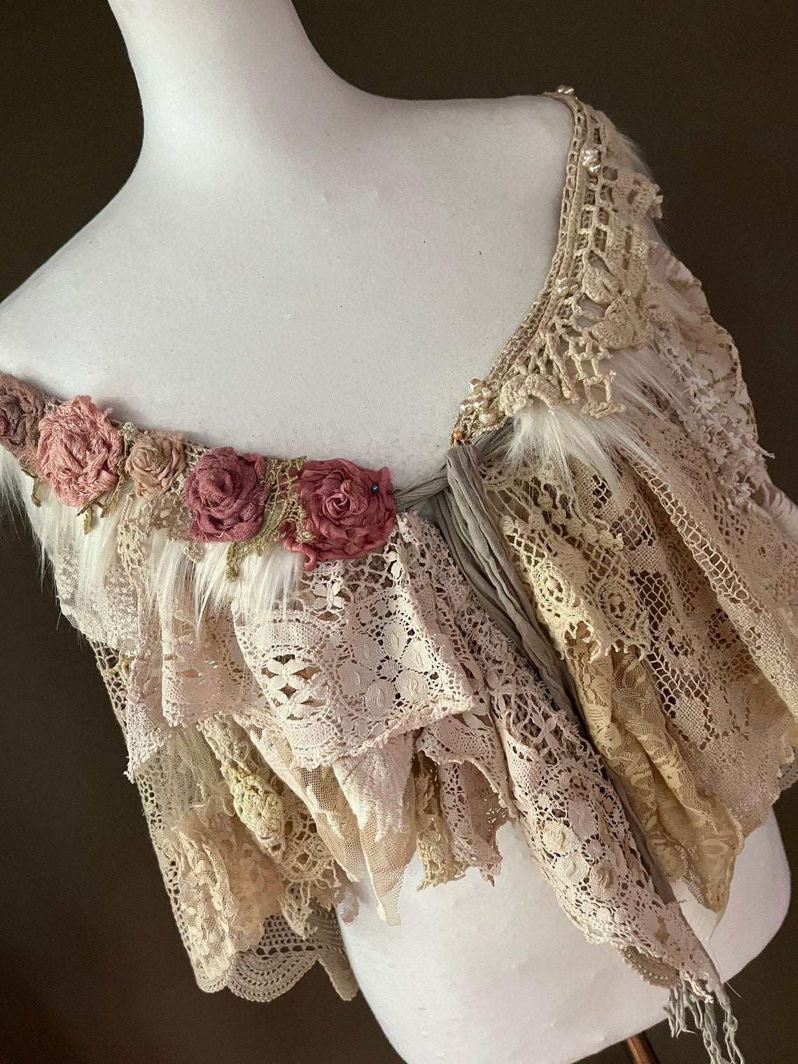 Bohemian Shabby Chic Tea Stained Shrug Shawl Artsy Embellished ...
