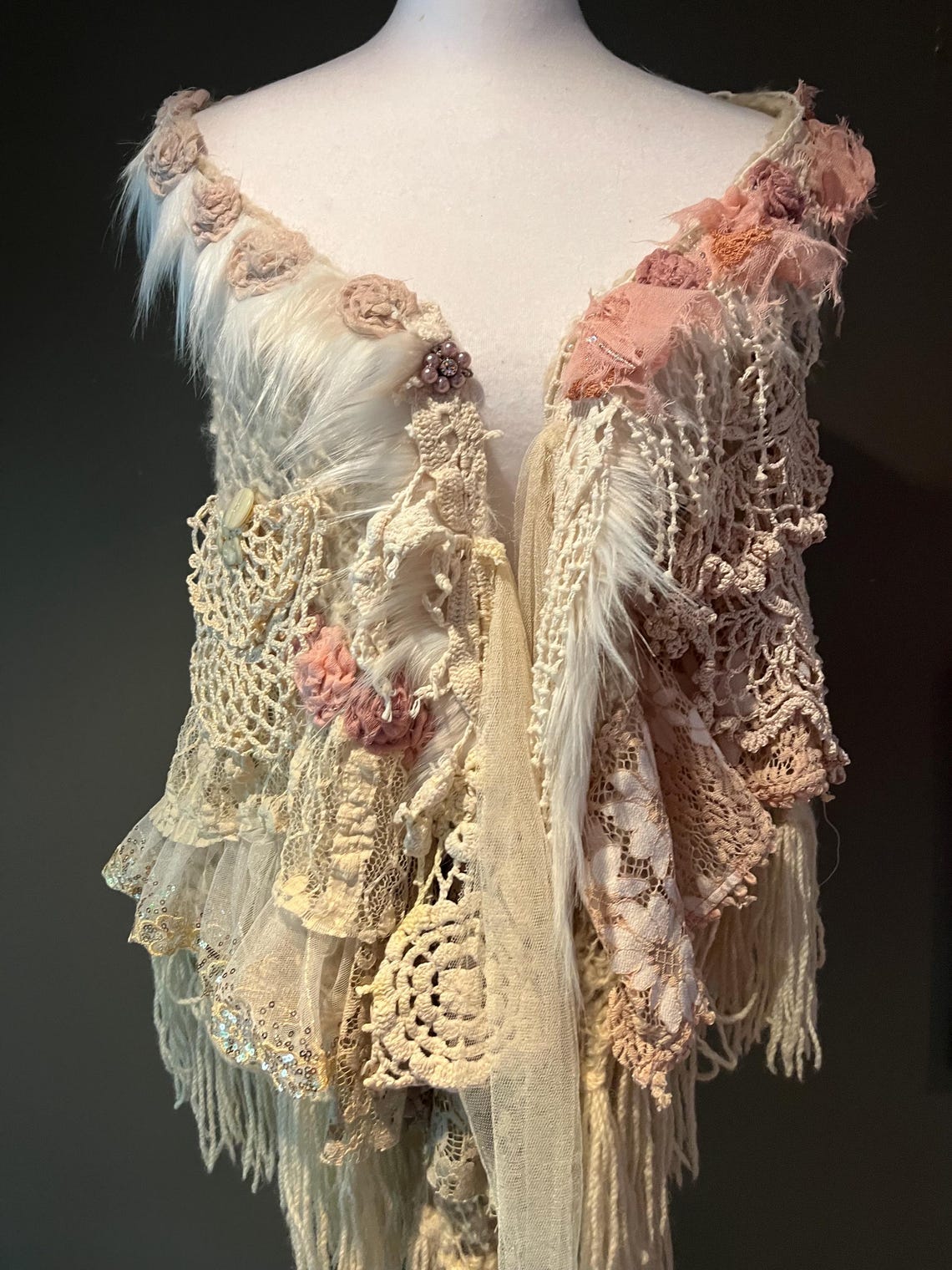 Bohemian Shabby Chic Beige Shrug Shawl Chunky Weathered Embellished ...