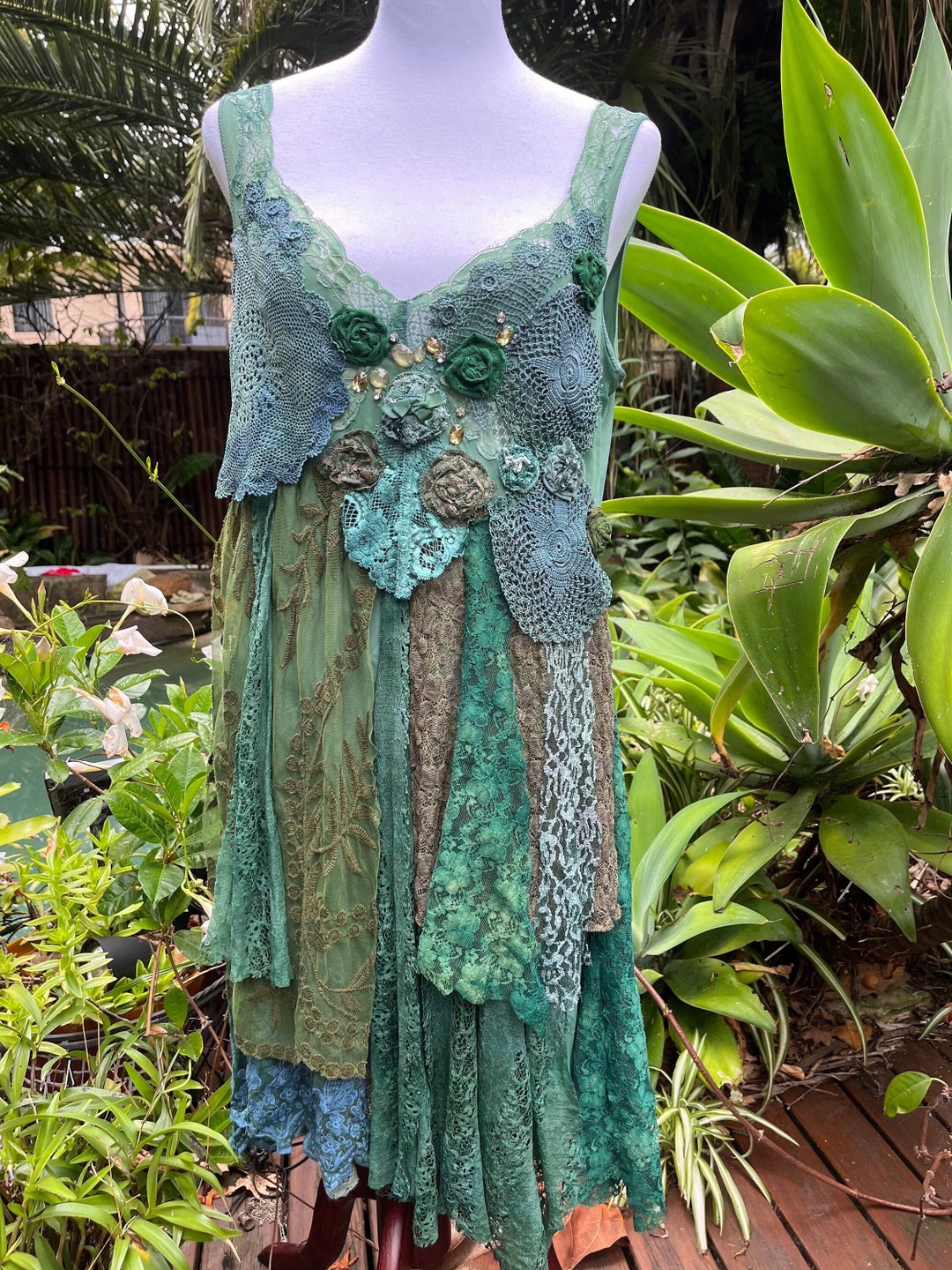 Bohemian Forest Green Multi Tattered Upcycled Summer Hand Dyed Slip ...