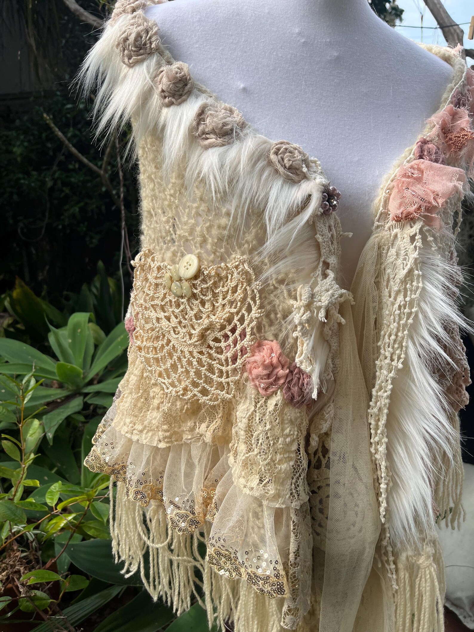 Bohemian Shabby Chic Beige Shrug Shawl Chunky Weathered Embellished ...