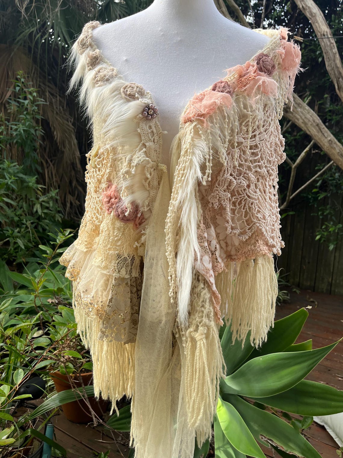 Bohemian Shabby Chic Beige Shrug Shawl Chunky Weathered Embellished ...