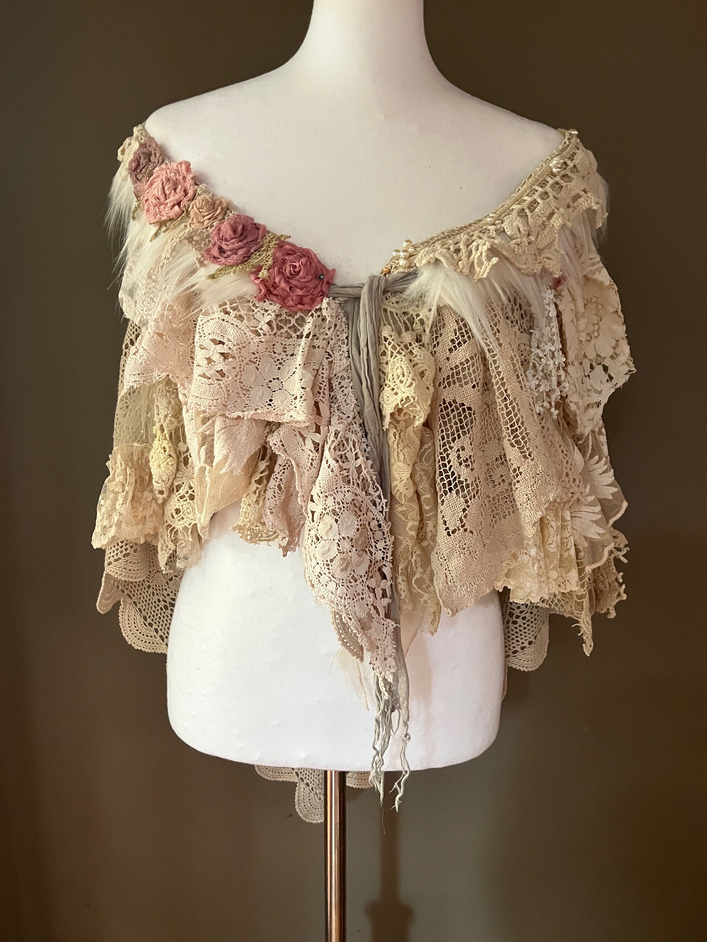 Bohemian Shabby Chic Tea Stained Shrug Shawl Artsy Embellished ...